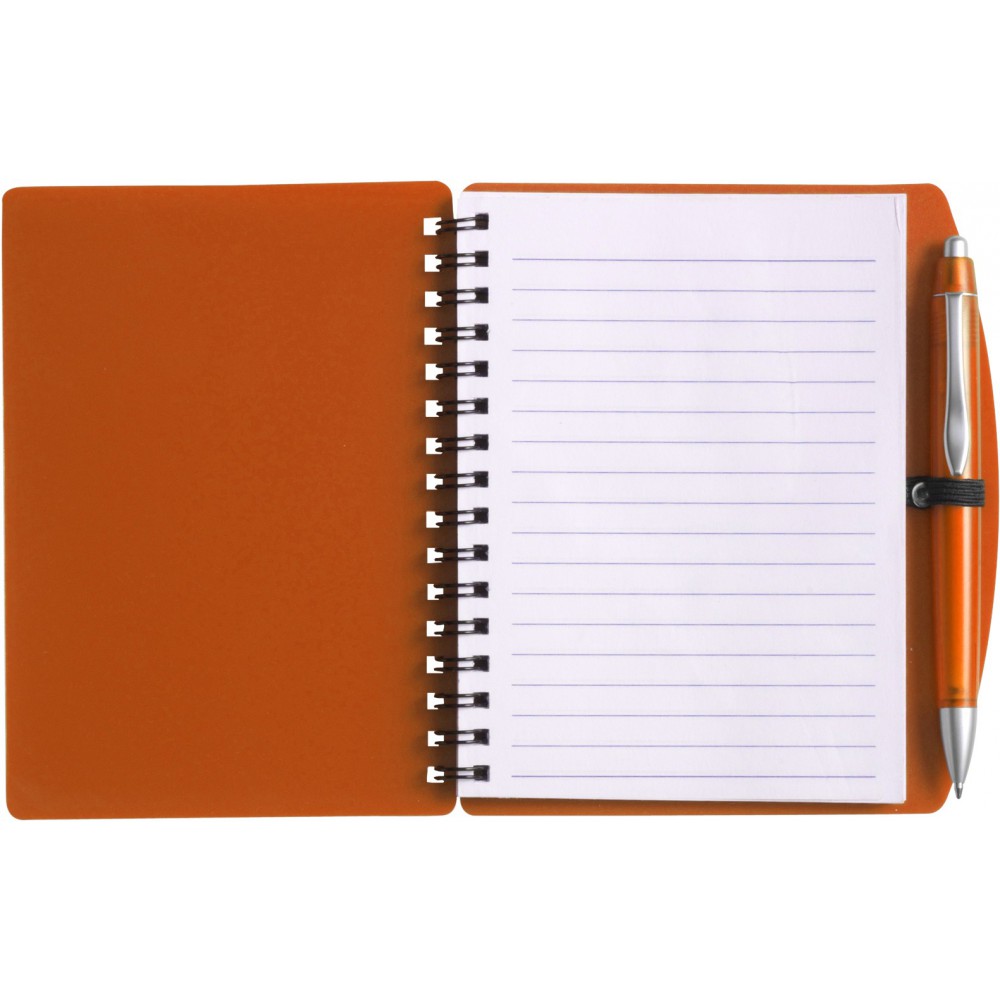 Printed A6 Wire bound notebook and ballpen, orange (Notebooks)